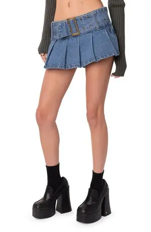 EDIKTED Belted Pleated Low Rise Denim Microminiskirt
