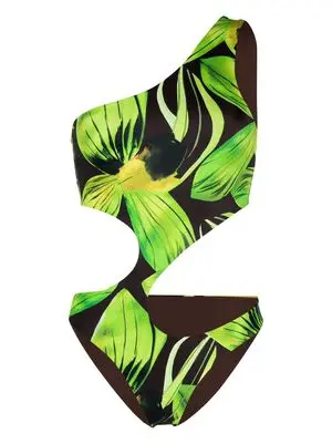 LOUISA BALLOU Leaf-print One-shoulder Swimsuit