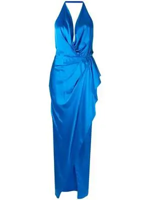 Michelle Mason Satin Halterneck Gown - Blue