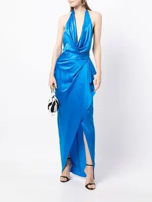 Michelle Mason Satin Halterneck Gown - Blue