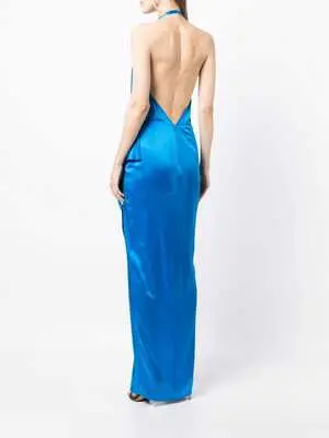 Michelle Mason Satin Halterneck Gown - Blue