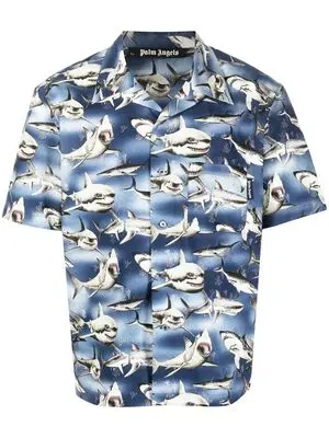 Palm Angels Sharks-print Bowling Shirt - Blue