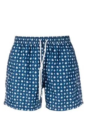 Fedeli Marine-print Drawstring Swim Shorts - Blue