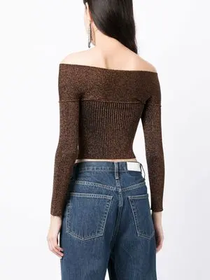 SELF-PORTRAIT Off-shoulder Metallic Knitted Top