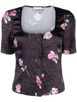 GANNI Floral-print Crinkled Satin Blouse - Black