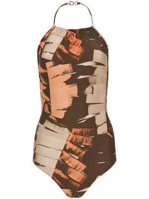 FERRAGAMO Palm-print Halterneck Swimsuit - Brown