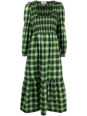 GANNI Seersucker Check Midi Dress - Black