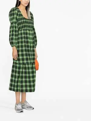 GANNI Seersucker Check Midi Dress - Black