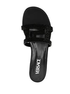 Versace Greca Maze Crystal Flat Sandals - Black