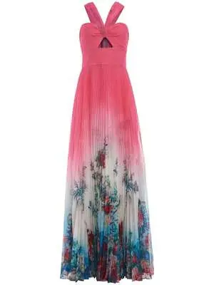 Marchesa Floral-print Pleated Gown