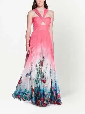 Marchesa Floral-print Pleated Gown