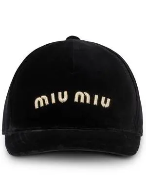 Miu Miu Black Velvet Baseball Cap with Cream Logo Black/tobacco Velvet Baseball Cap | Miu Miu - China main image 2