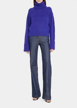 Christopher John Rogers Cropped-Cuff Wool Turtleneck Sweater - Iris