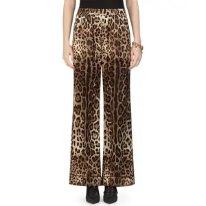 Dolce & Gabbana Leopard Print Wide Leg Stretch Silk Satin Pajama Pants - Hy13m Leo New