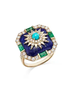 Bloomingdale'S 14k Yellow Gold Star Ring With Gemstones And Diamonds - Blue/yellow