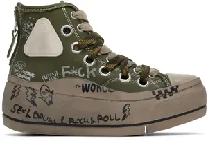 R13 R13 Green Double Grommet Kurt Sneakers - Olive Sateen W/graff
