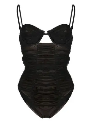 SELF-PORTRAIT Gathered Mesh Swimsuit - Brown