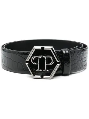 Philipp Plein Hexagon Logo Buckle Leather Belt - Black