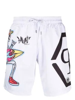 Philipp Plein Graffiti-print Drawstring-waist Swim Shorts - White