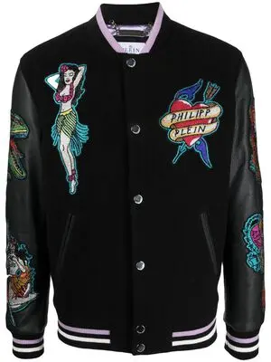 Philipp Plein Embellished College Bomber Jacket - Black
