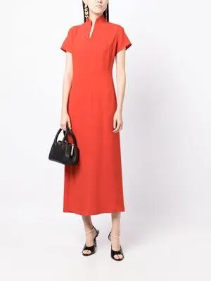 Shiatzy Chen Mulberry Silk Split Neck Midi Dress