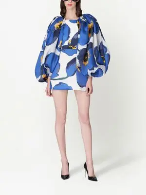 Carolina Herrera Floral Print Balloon Sleeve Mini Dress - White