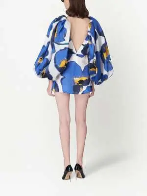 Carolina Herrera Floral Print Balloon Sleeve Mini Dress - White
