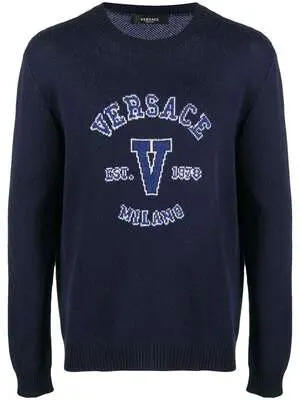 Versace Intarsia-knit Logo Jumper - Blue