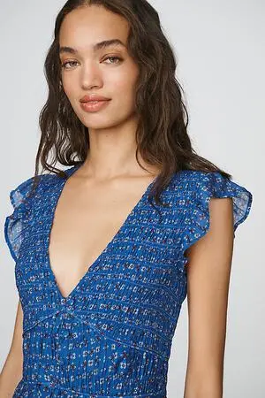 Anthropologie Peregrine Midi Dress With Cap Sleeves And Floral Print - Blue Pattern