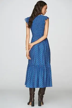 Anthropologie Peregrine Midi Dress With Cap Sleeves And Floral Print - Blue Pattern