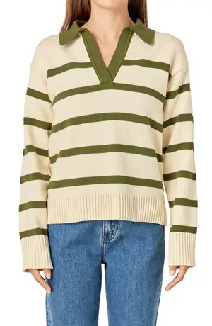 English Factory Stripe Collared Sweater - Cream/ Olive