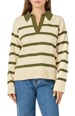 English Factory Stripe Collared Sweater - Cream/ Olive