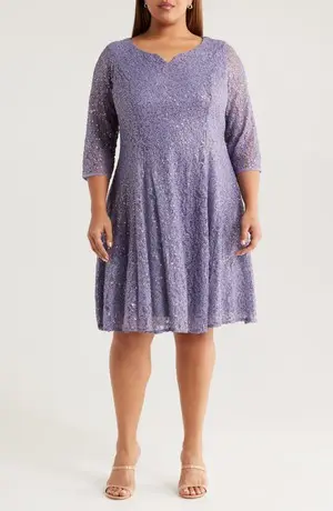 SLNY Lace Fit & Flare Dress - Mystic/ Heather