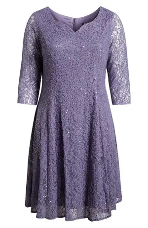 SLNY Lace Fit & Flare Dress - Mystic/ Heather
