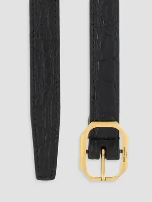 Saint Laurent Frame Buckle Thin Belt In Crocodile-embossed Leather