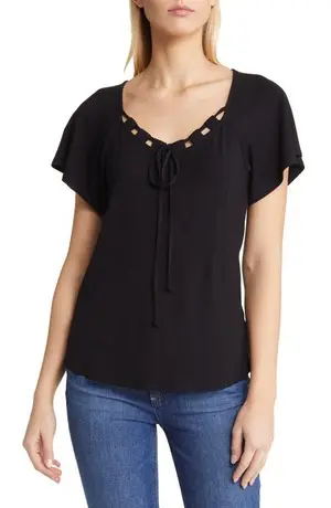 Loveappella Tie Neck Flutter Sleeve Top - Black