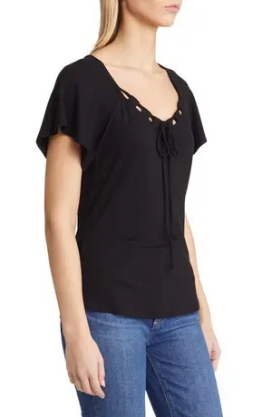 Loveappella Tie Neck Flutter Sleeve Top - Black