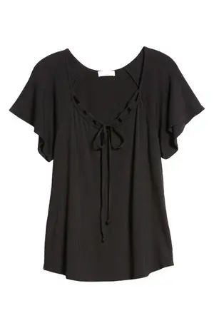 Loveappella Tie Neck Flutter Sleeve Top - Black