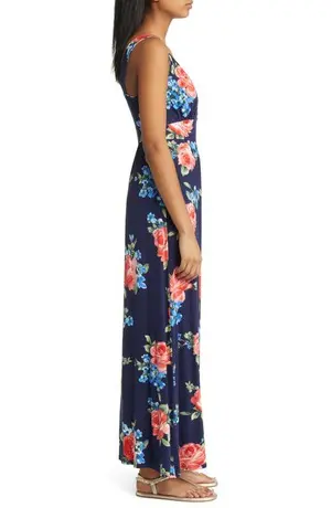 Loveappella Floral Surplice V-neck Knit Maxi Dress - Navy/red