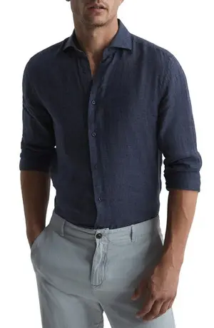 REISS Ruban Linen Button-up Shirt Navy