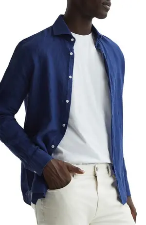 REISS Ruban Linen Button-up Shirt Royal Blue