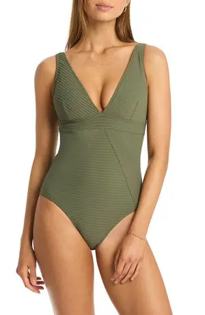 SEA LEVEL Sea Level Panel Line Multifit One-Piece Swimsuit Khaki