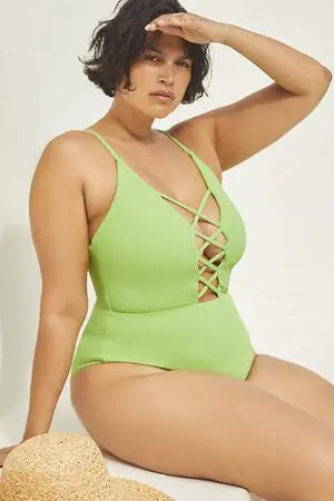 DIPPIN DAISY'S Striped One-Piece Swimsuit With Lace-Up Detail Green