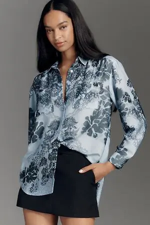 Anthropologie The Brielle Relaxed Buttondown Blouse Navy Floral