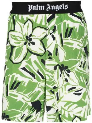 Palm Angels Floral Print Logo Waistband Shorts
