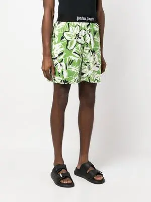 Palm Angels Floral Print Logo Waistband Shorts