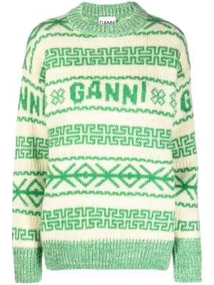 GANNI Organic Wool Intarsia-knit Jumper - Green