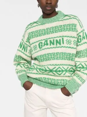 GANNI Organic Wool Intarsia-knit Jumper - Green
