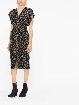 MARANT ETOILE Almeya Leaf Print V-neck Midi Dress