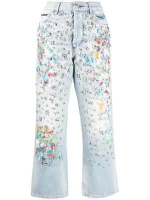 Philipp Plein Cropped Rhinestone-embellished Jeans